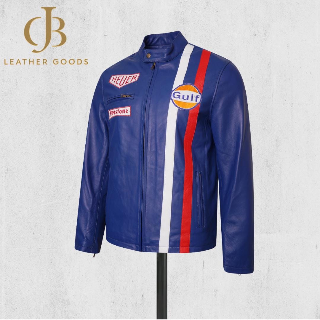 Steve Mcqueen Le Mans Leather Racing Jacket – Gulf Stripes, Motorsport ...