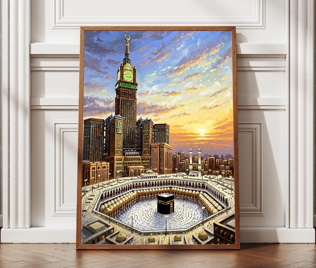 Kaaba and Clock Tower Wall Art | Mecca Oil Painting Style Digital ...