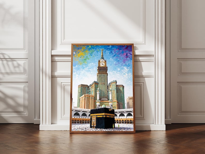 Mecca View Poster | Kaaba and Clock Tower Art | Oil Painting Style ...
