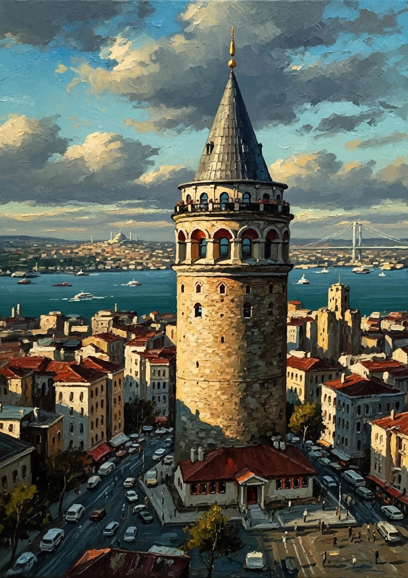 Galata Tower Istanbul View Oil Painting Textured Style Print Wall Art ...