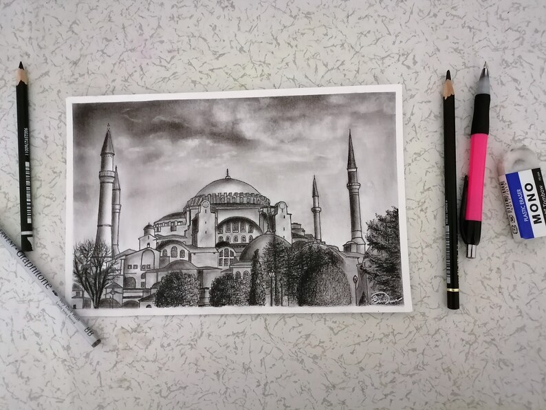 Istanbul Hagia Sophia Mosque Charcoal Drawing Original - Etsy
