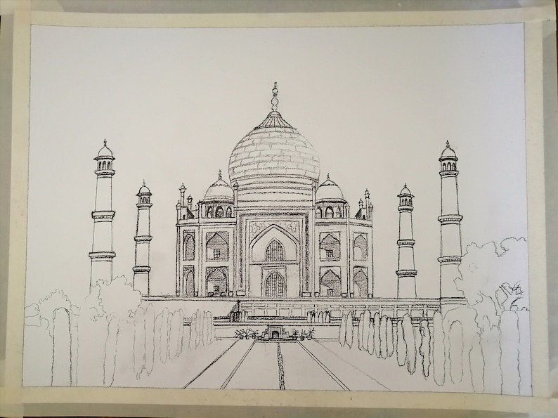 Indian Taj Mahal Mausoleum Original Pencil Drawing, Painting İndia ...