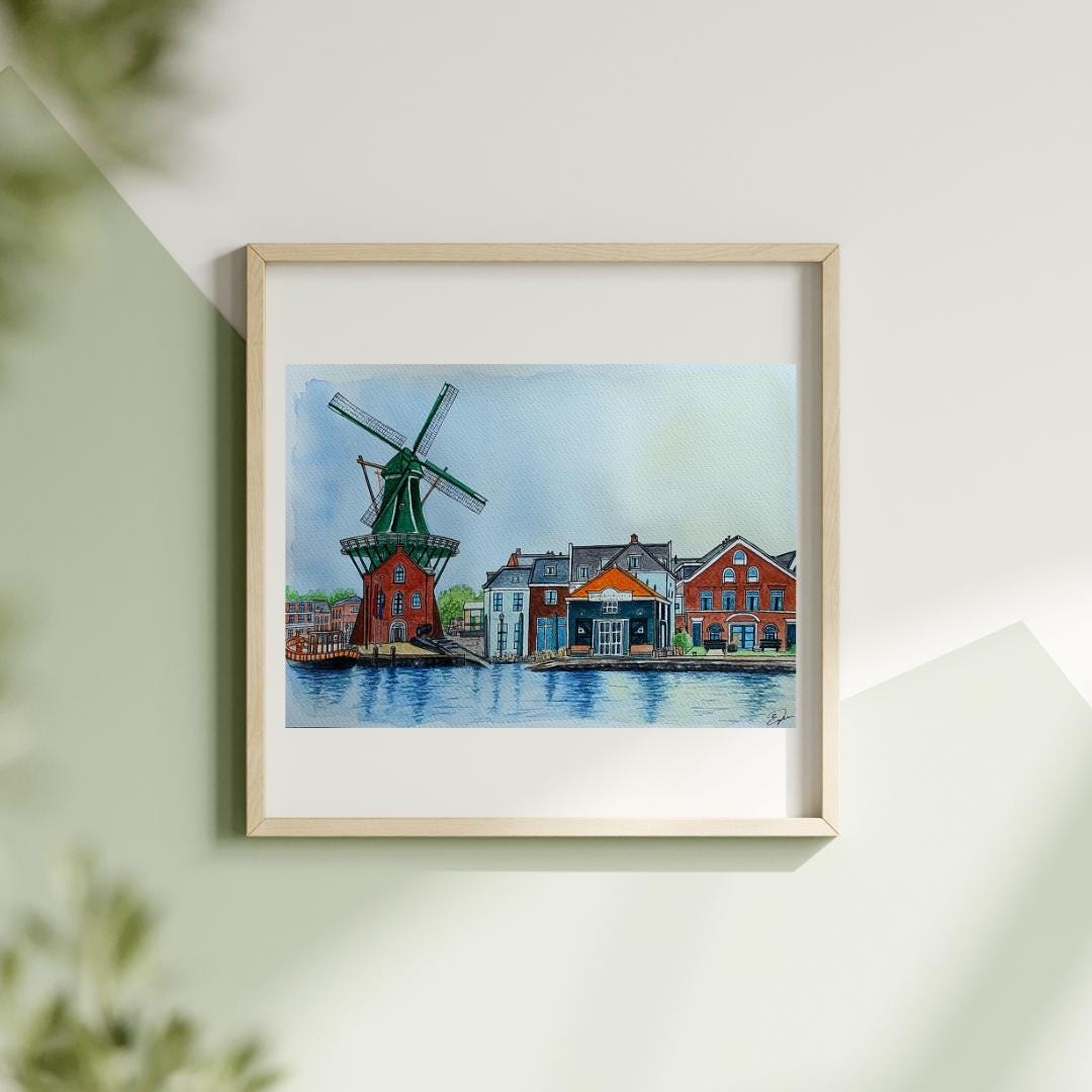 Netherlands Haarlem Windmill Watercolor Painting, Netherlands Painting ...