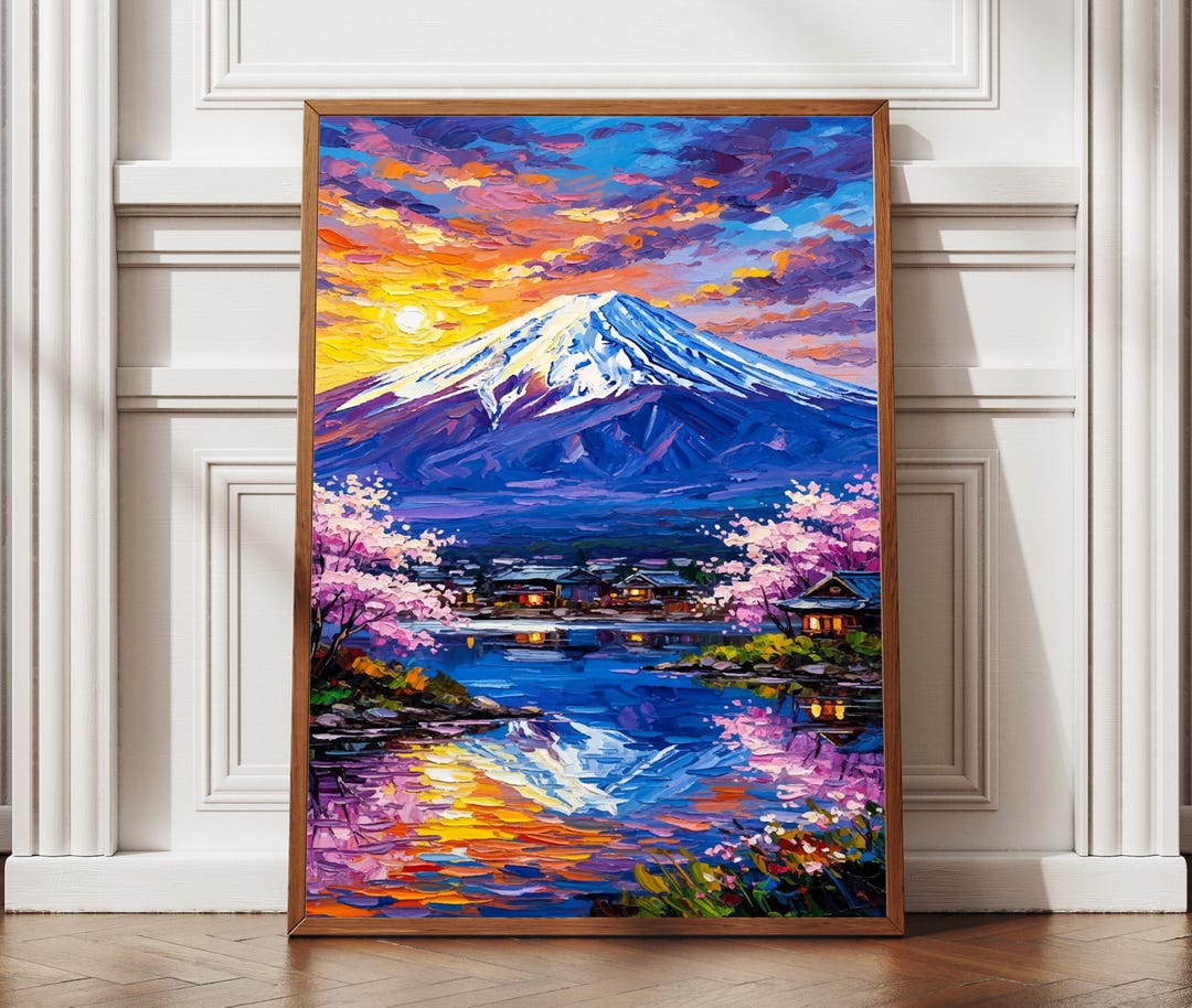 Magnificent Sunset on Mount Fuji Oil Painting Textured Style Print Art ...