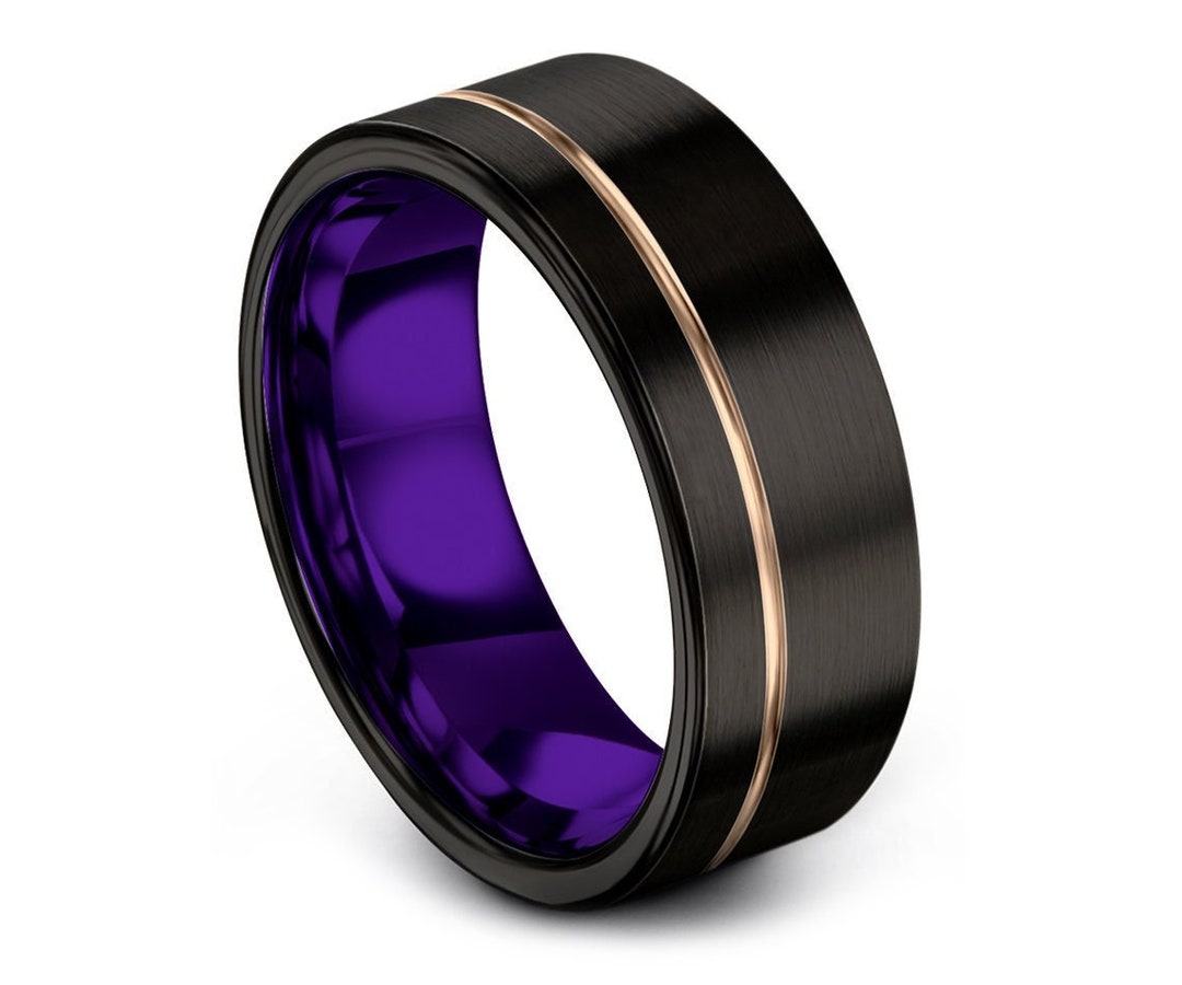 Rose Gold Tungsten Ring Purple Wedding Band Men Offset Line Engraving ...