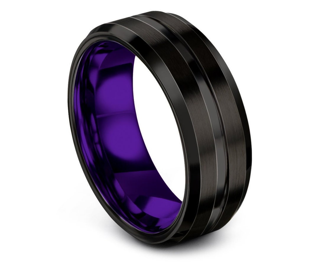 Custom Tungsten Ring Purple,8mm Beveled Black Tungsten Wedding Band ...