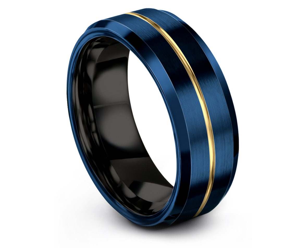 8mm Black Brushed Blue Edge Tungsten Carbide Ring Wedding, 55% OFF