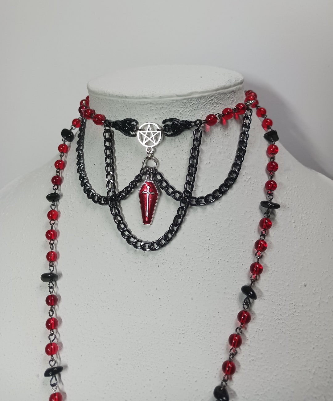 Choker Rosary Necklace - Pentagram Bats Coffin Lucifer Sigil - Red ...