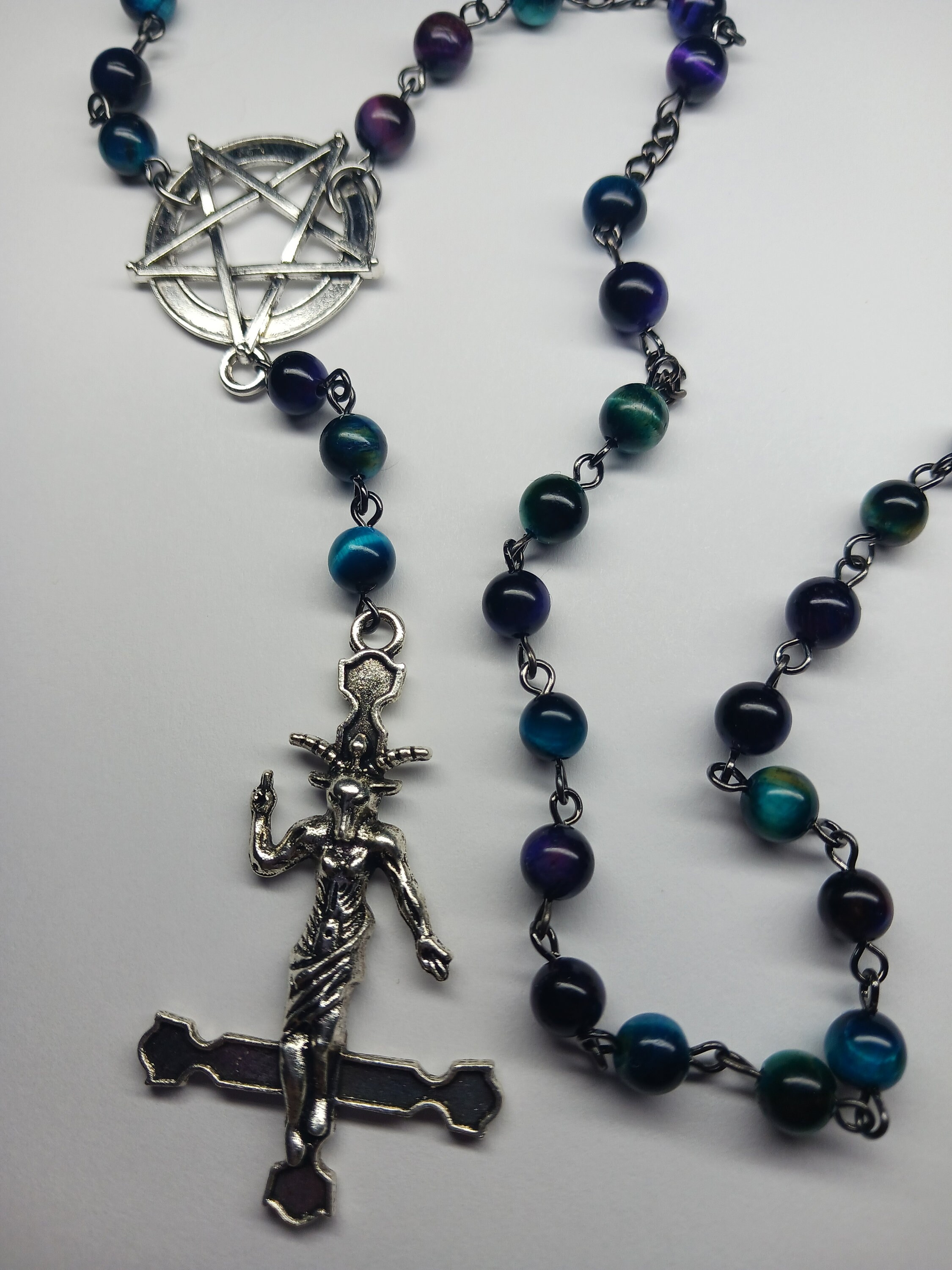 Baphomet Inverted Cross Purple Teal Tiger's Eye Rosary Portrait Pendant ...