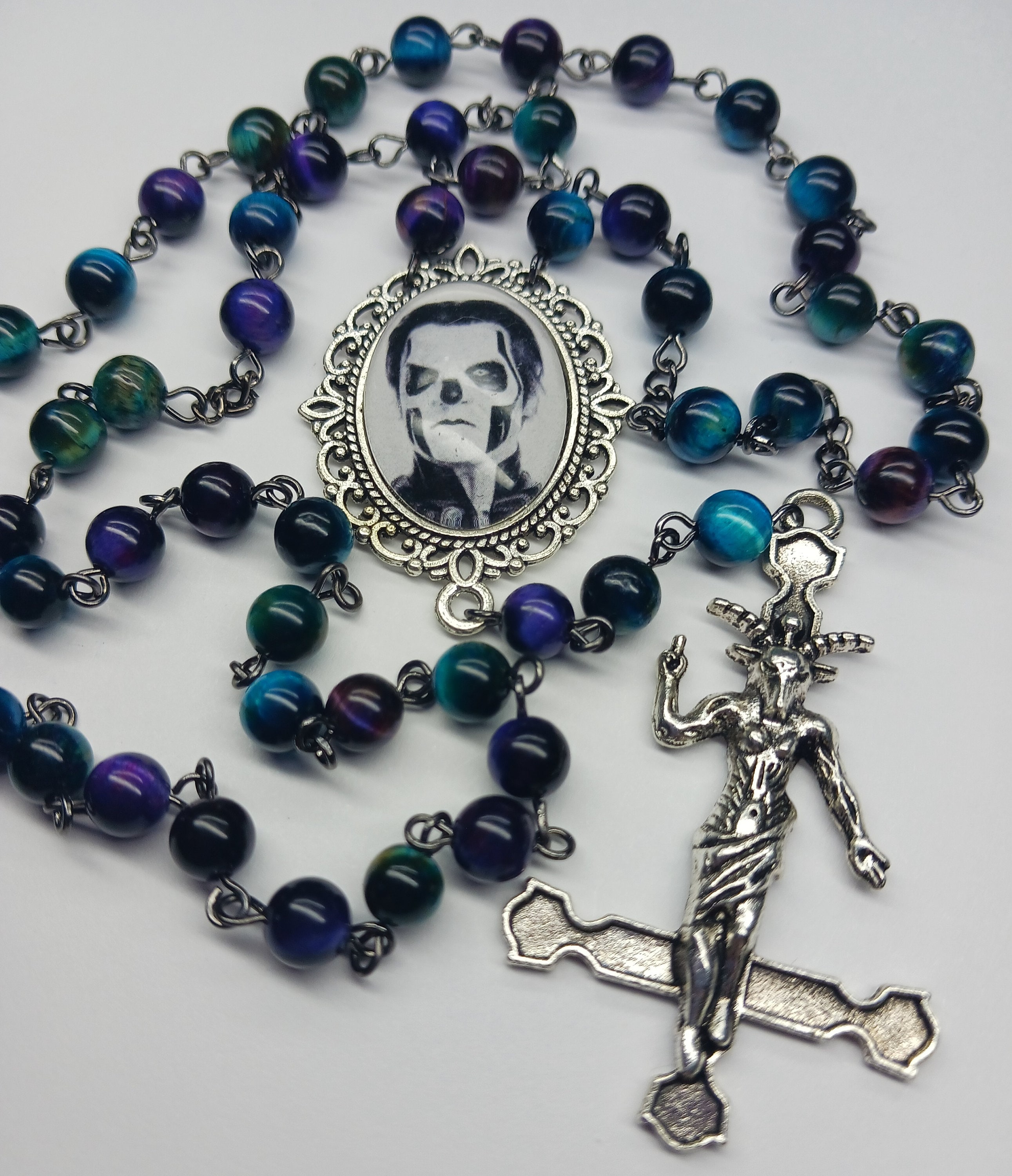 Baphomet Inverted Cross Purple Teal Tiger's Eye Rosary Portrait Pendant ...