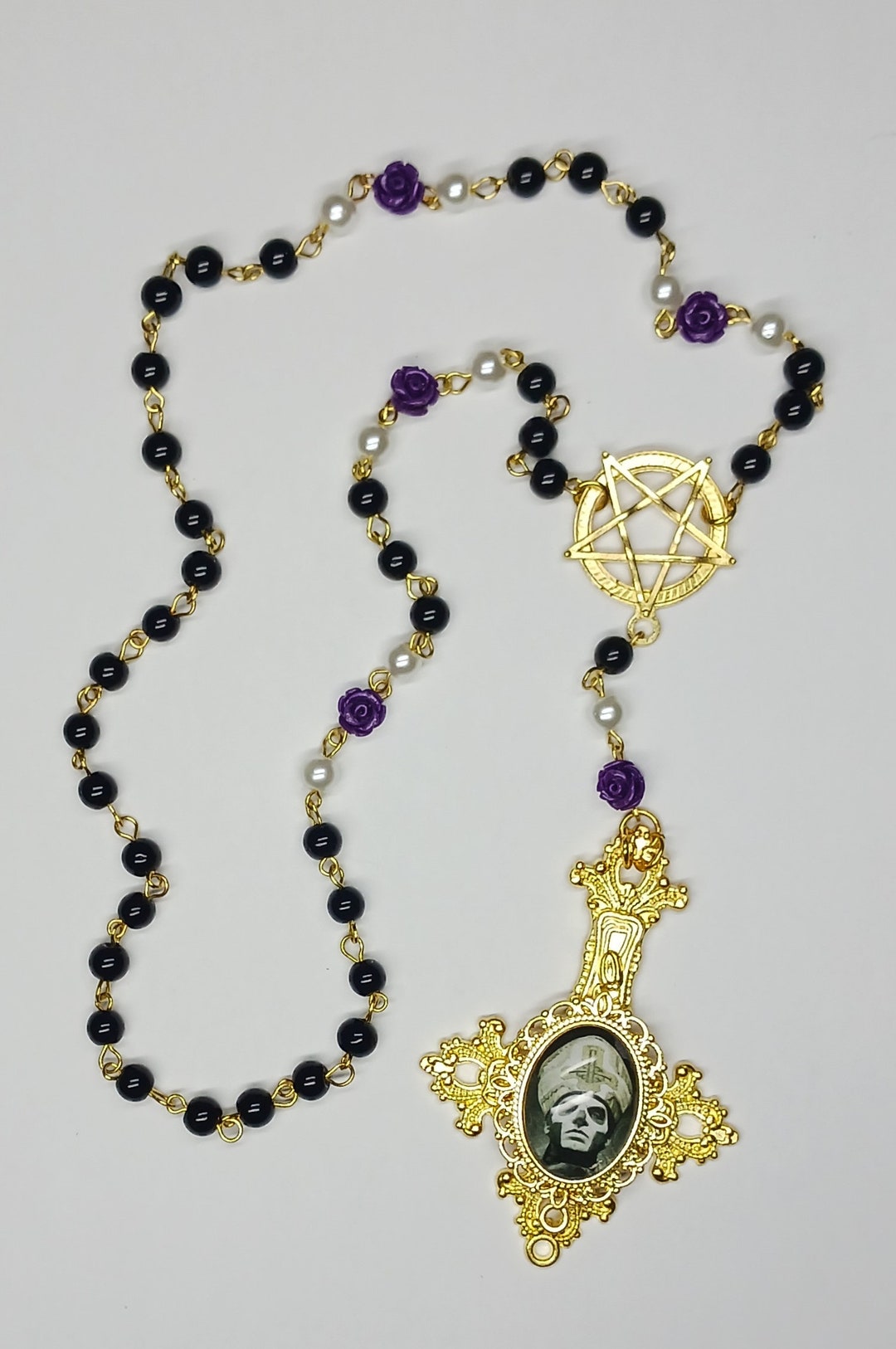 Portrait Pendant Inverted Cross Onyx and Rose Beads Rosary - Etsy