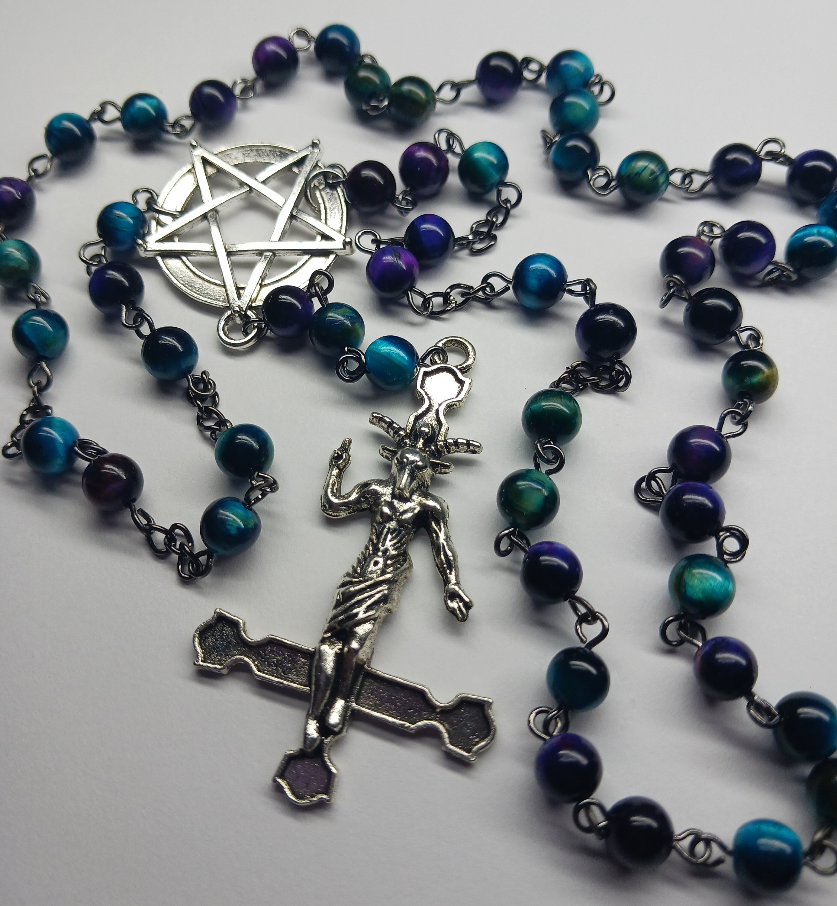 Baphomet Inverted Cross Purple Teal Tiger's Eye Rosary Portrait Pendant ...