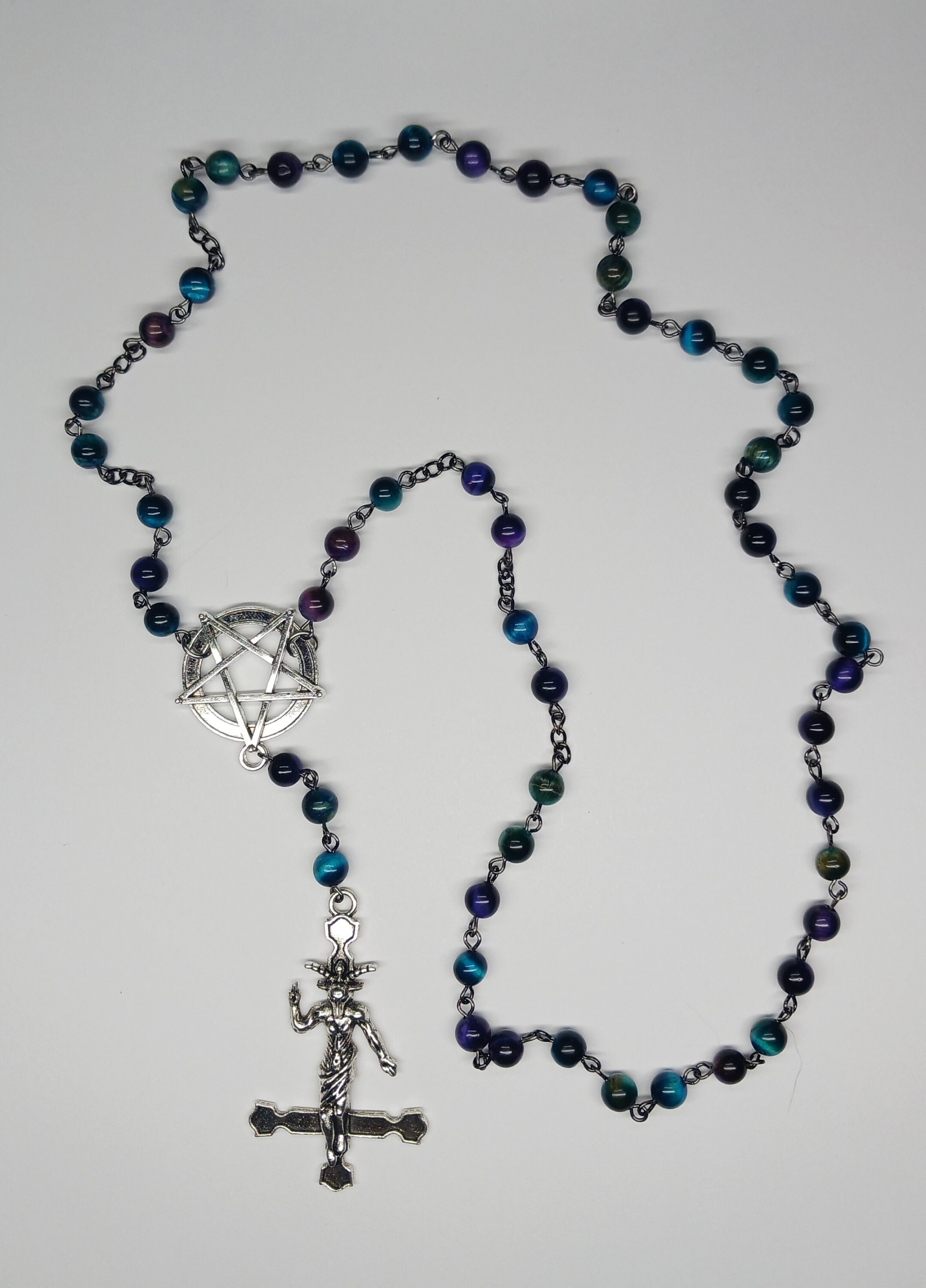 Baphomet Inverted Cross Purple Teal Tiger's Eye Rosary Portrait Pendant ...