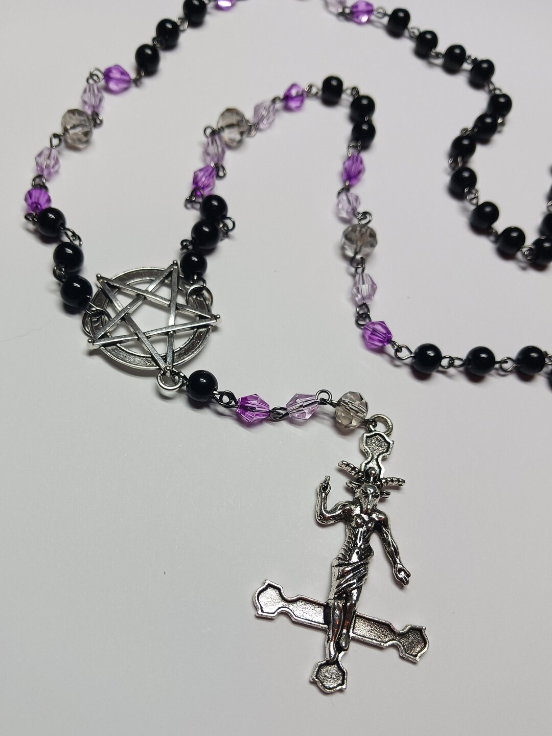 Pentagram Inverted Cross Rosary Portrait Pendant Silver - Etsy