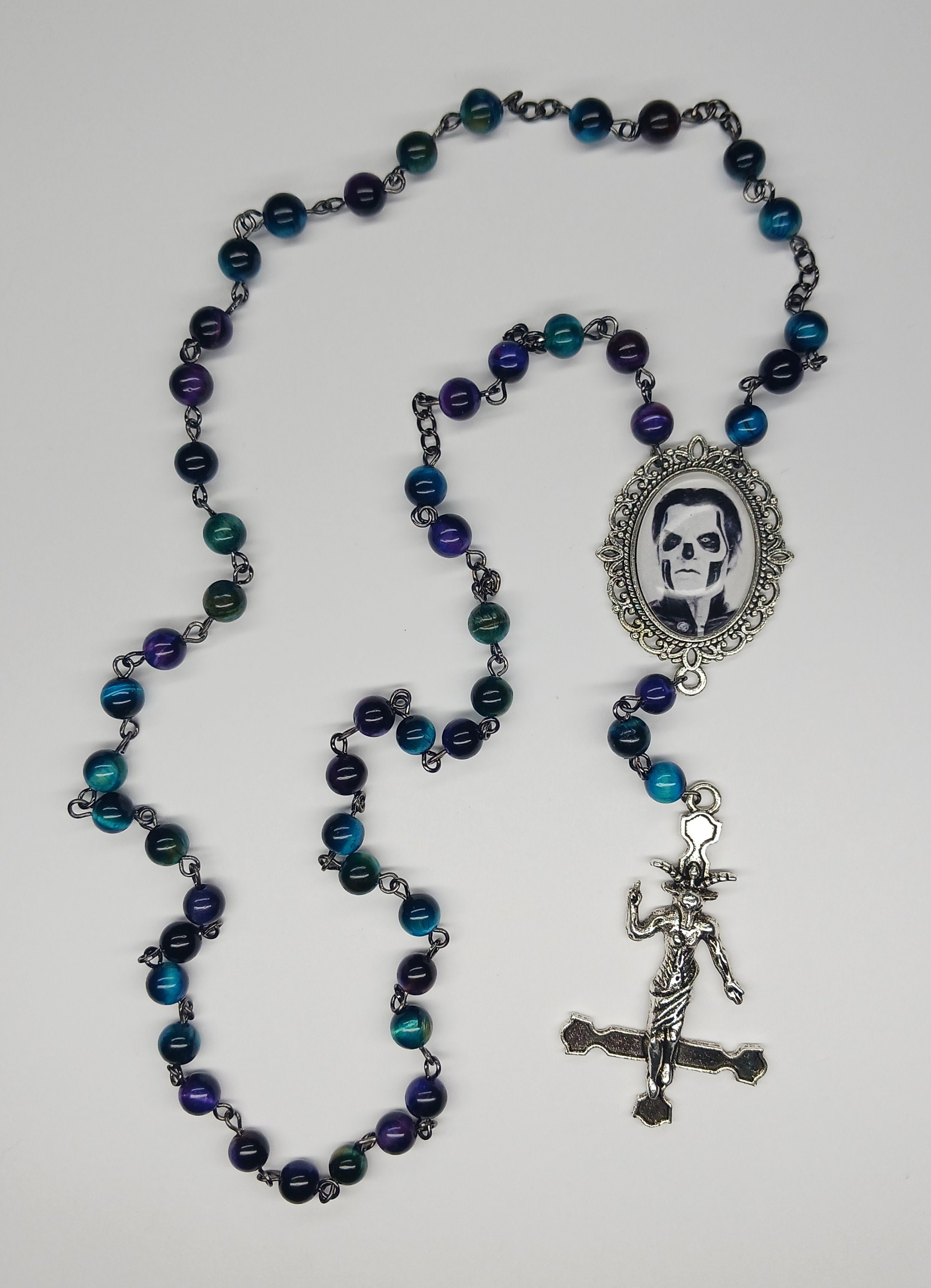 Baphomet Inverted Cross Purple Teal Tiger's Eye Rosary Portrait Pendant ...