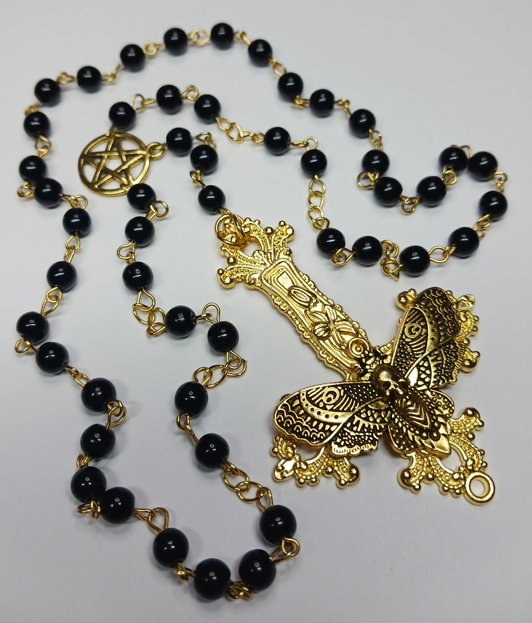Gold Victorian Inverted Cross Death Moth Pentagram Rosary - Etsy