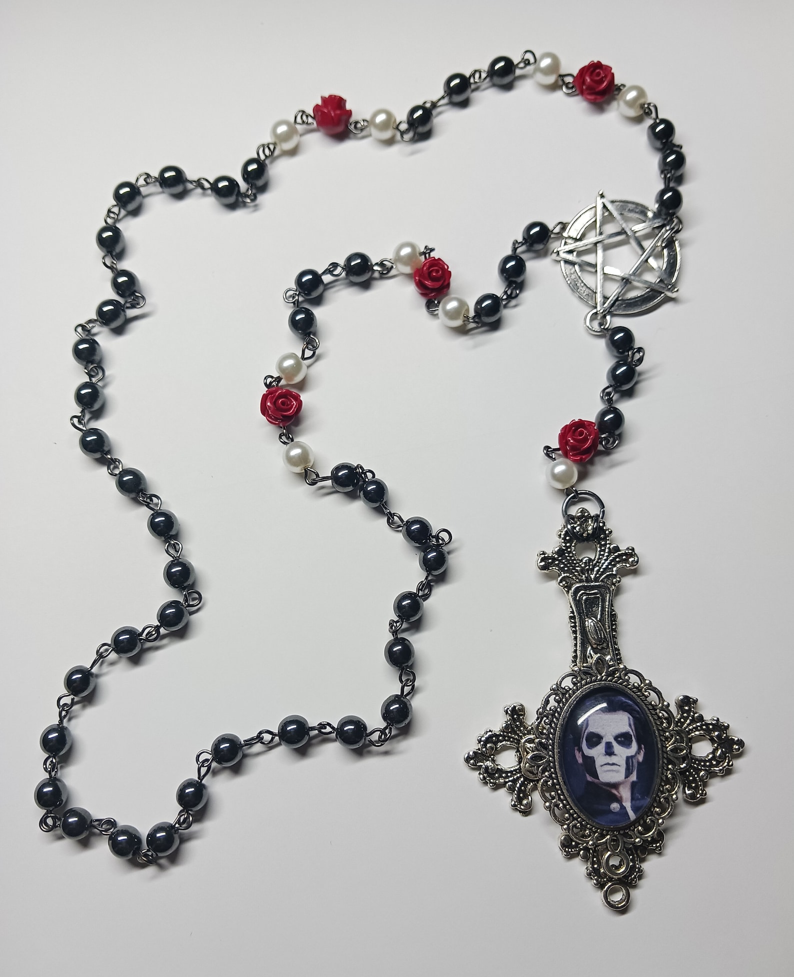 Portrait Pendant Inverted Cross Hematite and Rose Beads Rosary - Etsy