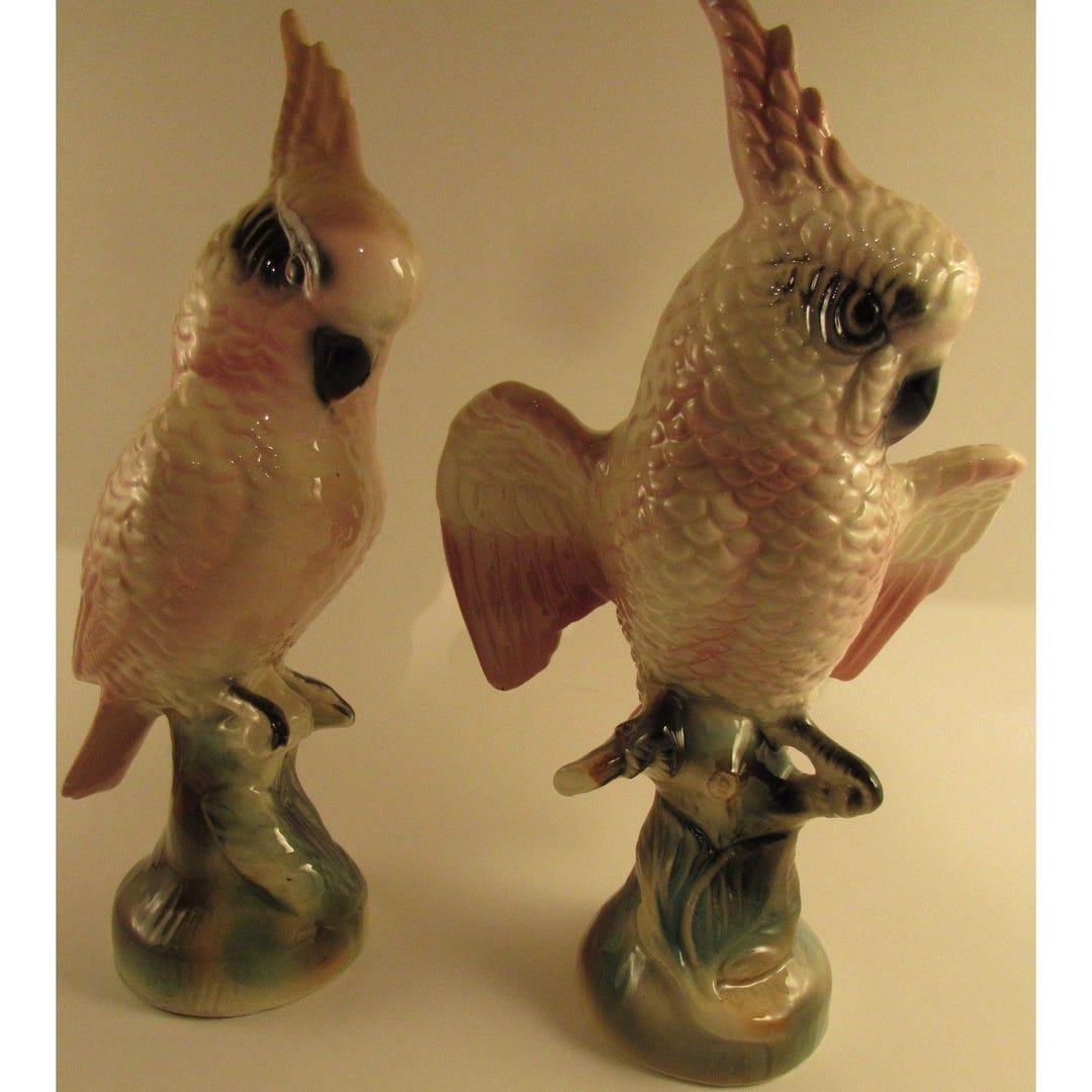 Vintage Set of 2 Pink Cockatoo Ceramic Bird Figurine Mid-century Open ...