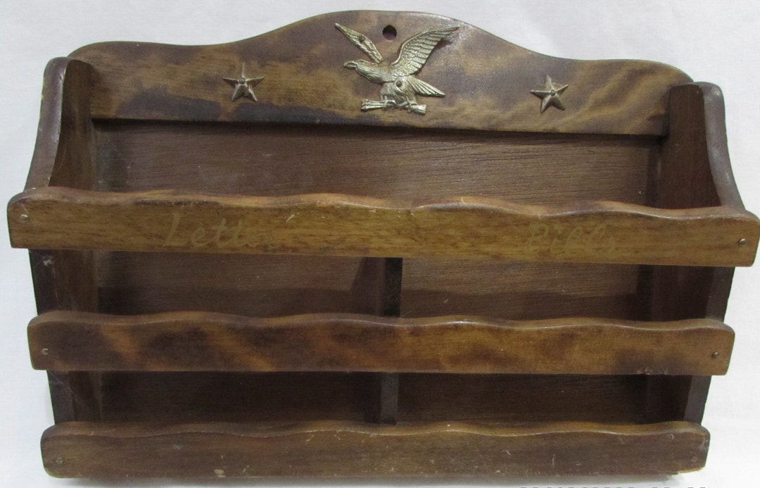 Vintage Wooden Mail Envelope Holder Eagle Stars Letters Bills Wall ...