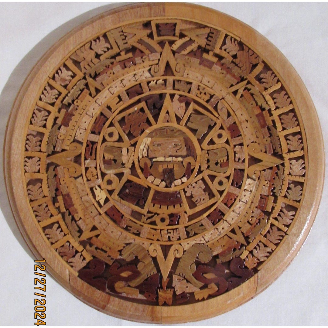 Aztec Mayan Inlaid Mosaic Wood Calendar Wall Hanging Mexico Carved ...