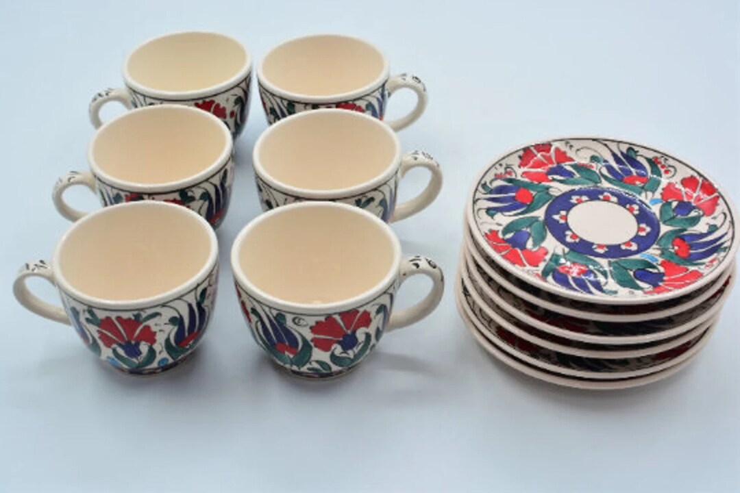 6x Hand Painted Modern Ceramic Cups and Saucers Set 10 Oz,turkish ...