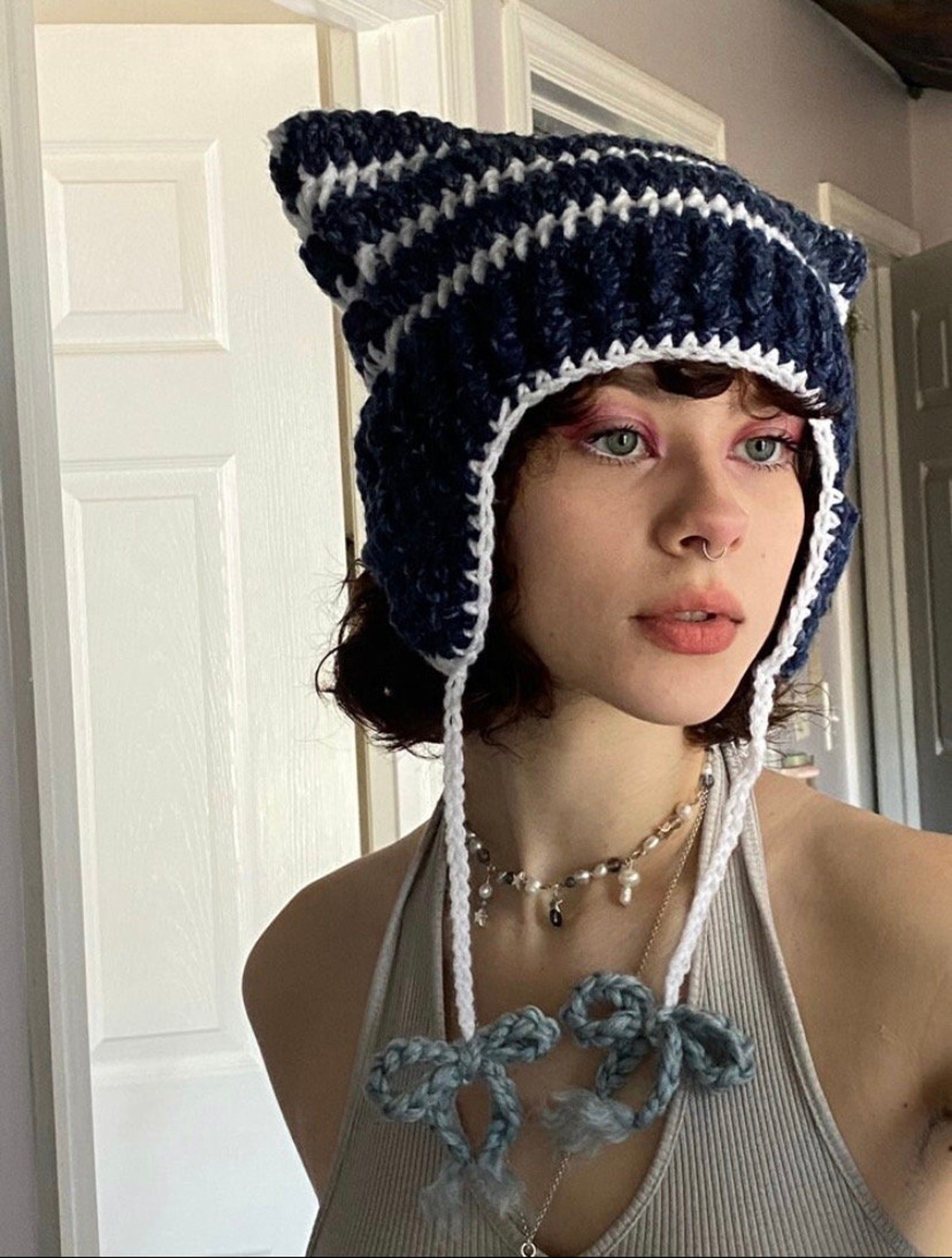 Cat Hat With Bows Crochet Handmade Knit Earflap Aesthetic Indie ...