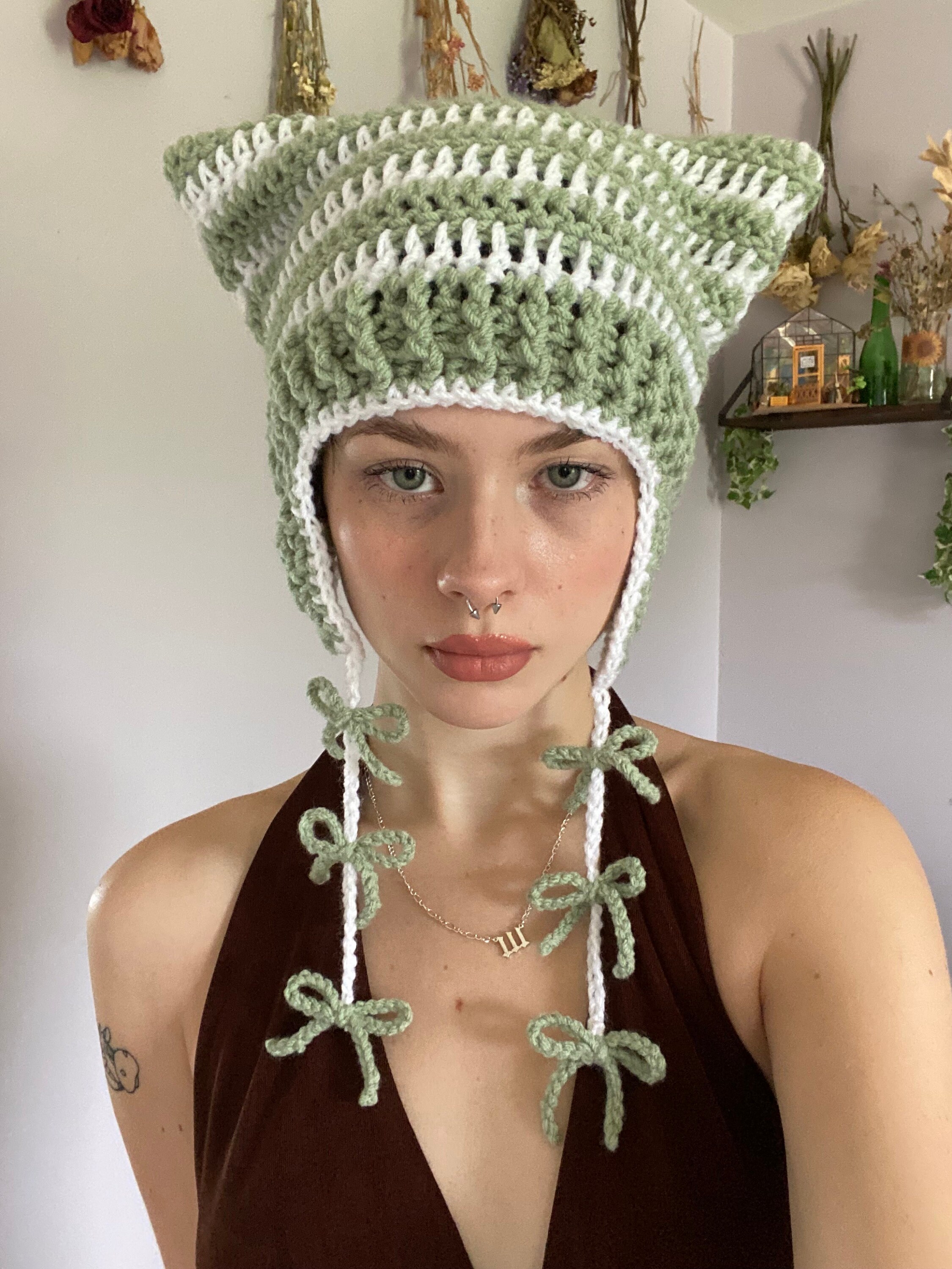 Cat Hat With Bows Crochet Handmade Knit Earflap Aesthetic Indie ...