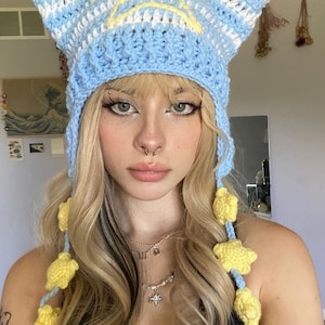 PATTERN Triple Star Strings Crocheted Cat Ear Hat Striped Knitted ...