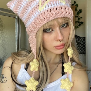PATTERN Triple Star Strings Crocheted Cat Ear Hat Striped Knitted ...