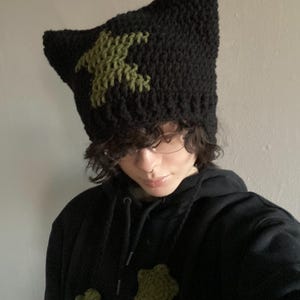 Triple Star Cat Ear Flap Hat With Pom Poms Crochet Handmade Knitted ...