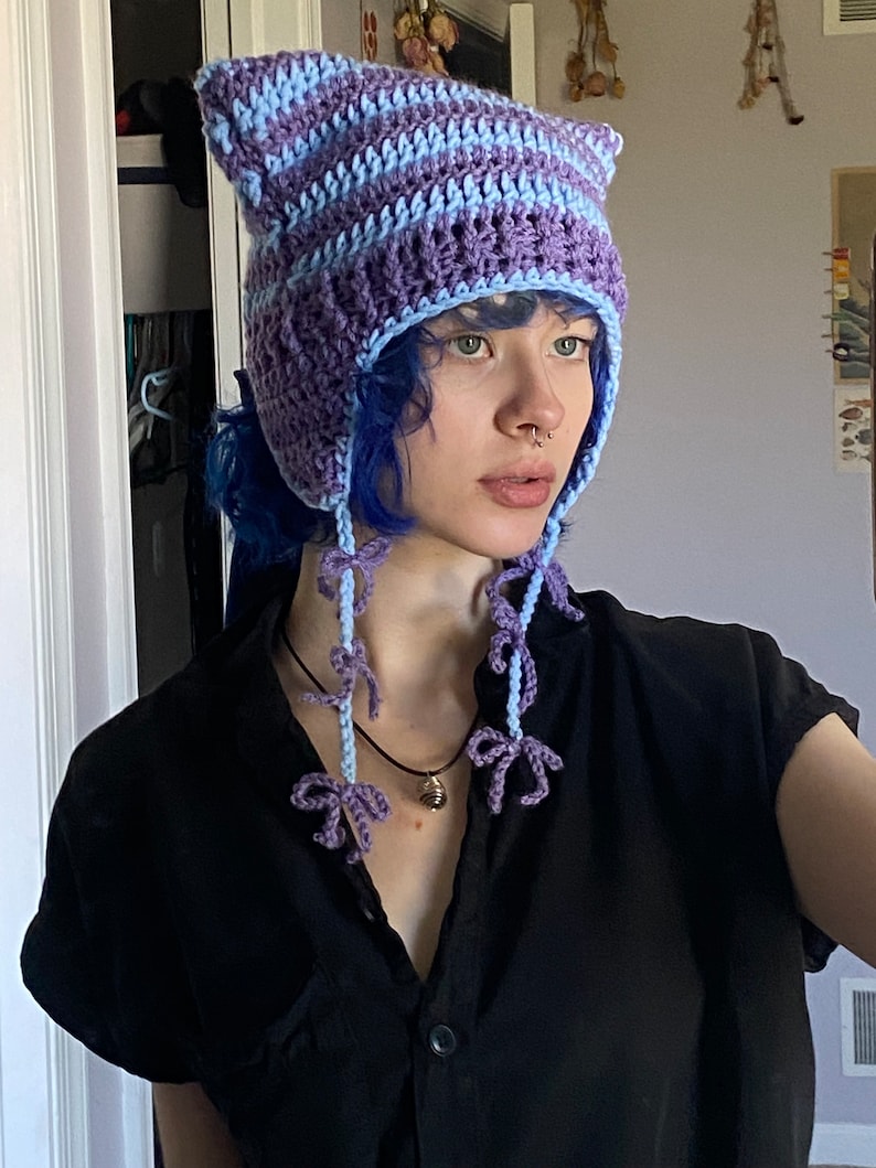 Cat Hat With Bows Crochet Handmade Knit Earflap Aesthetic Indie ...