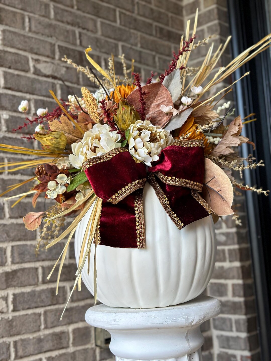 Fall Floral White Pumpkin Centerpiece, Thanksgiving Table Decor, Pumpin ...