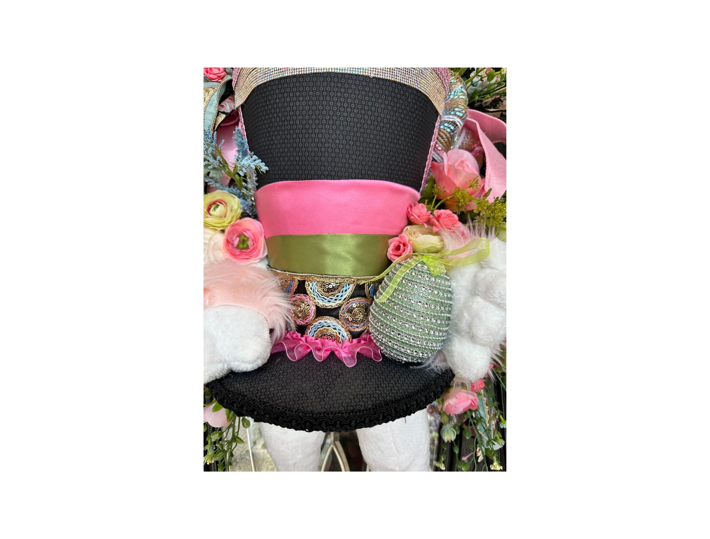 Elegant Easter Bunny Top Hat Wreath, Pink and Green Easter Bunny Home ...