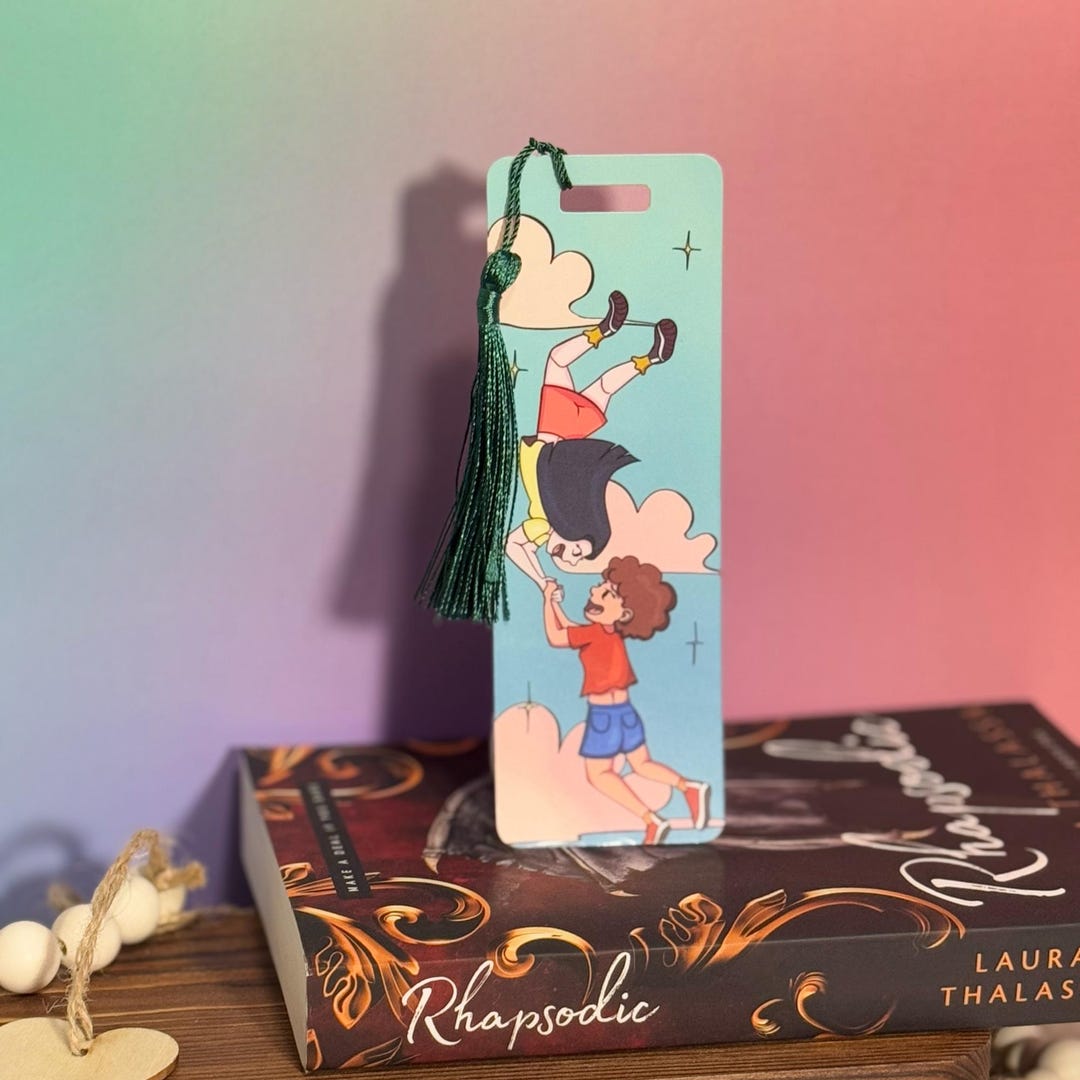 Cute Illustrated Bookmark Whimsical Couple Flying Sky Art Pastel ...