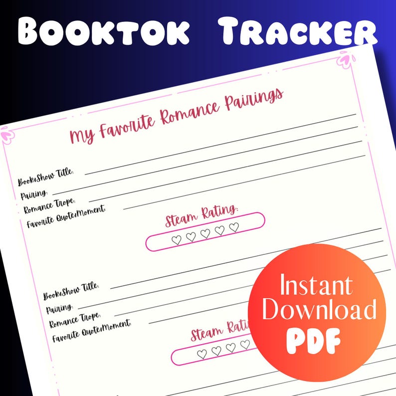 Romance Reading Journal Printable Favorite Book Pairings Tracker PDF ...