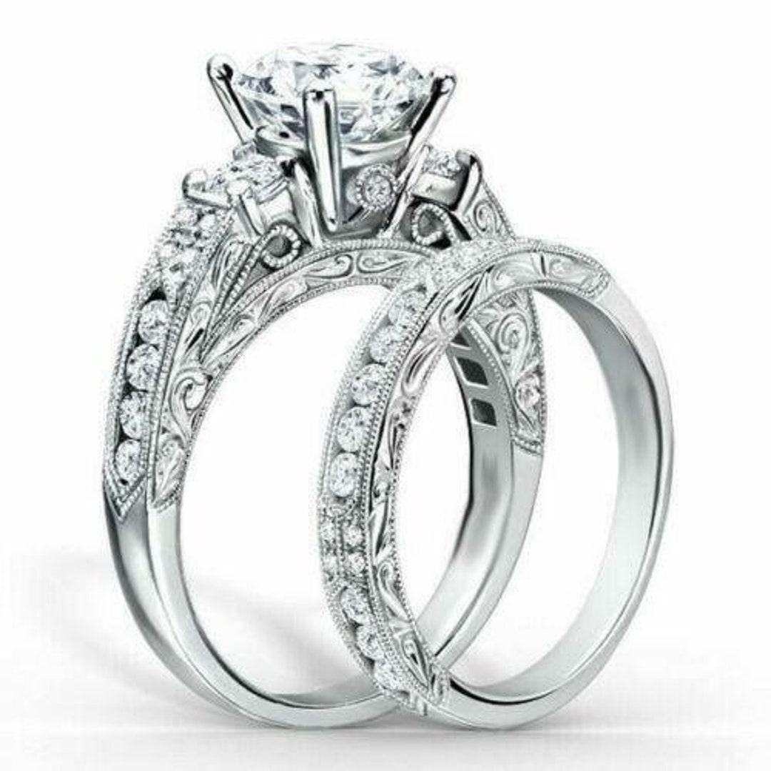 Retro Vintage 3 Stone Bridal Set Wedding Engagement Ring 2.48 Ct White ...