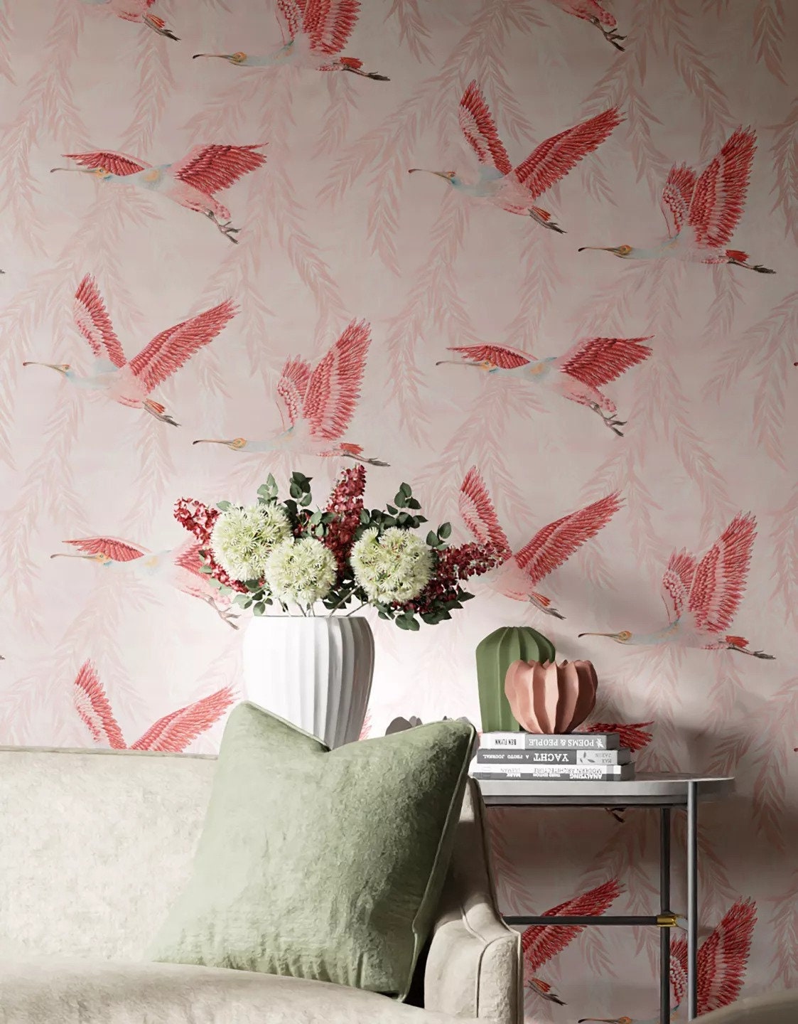 Vintage Wallpaper Pink Goose Boho Home Decor Sold per Full - Etsy