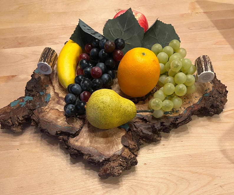 Pin Oak Burl Charcuterie Board With Sedona Turquoise and Deer Antler ...