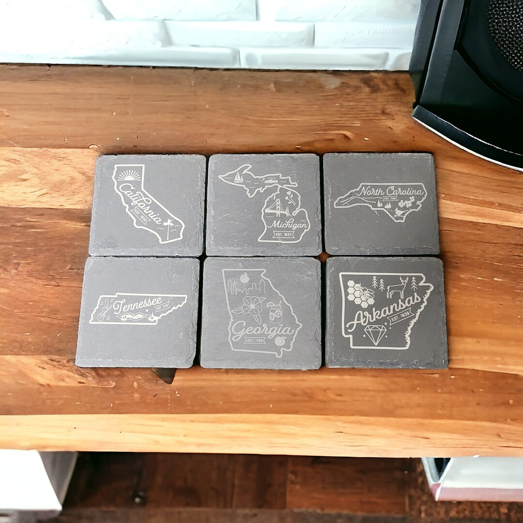 State Outline Laser Engraved Slate Coasters- Four Pack of Coasters- All ...