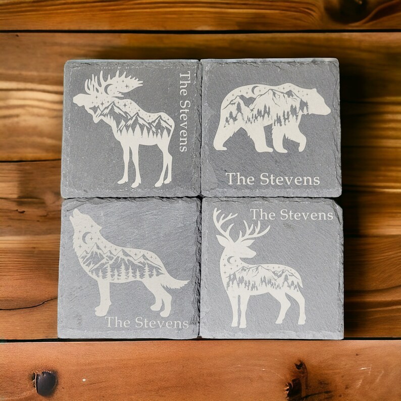 Outdoors Nature Inspired Personalized Laser Engraved Slate Coaster Set ...