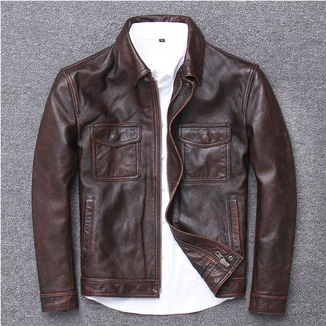 Men Vintage Dark Brown Distressed Leather Jacket Biker Style Real ...