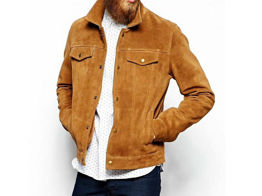 Mens Tan Suede Genuine Leather Button-up Jacket Trucker Vintage Style ...