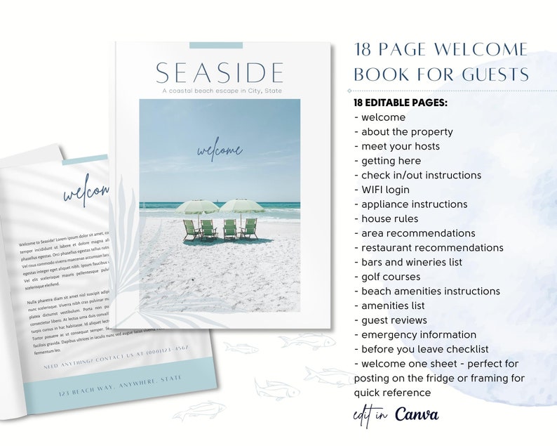 Seaside Beach Vacation Rental Welcome Book | Edit in Canva | Instant Download | Airbnb | Host ...