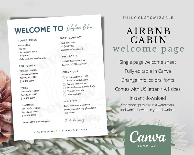 Cabin One Page Welcome Sheet | Airbnb Welcome Page | Guest House Rules ...