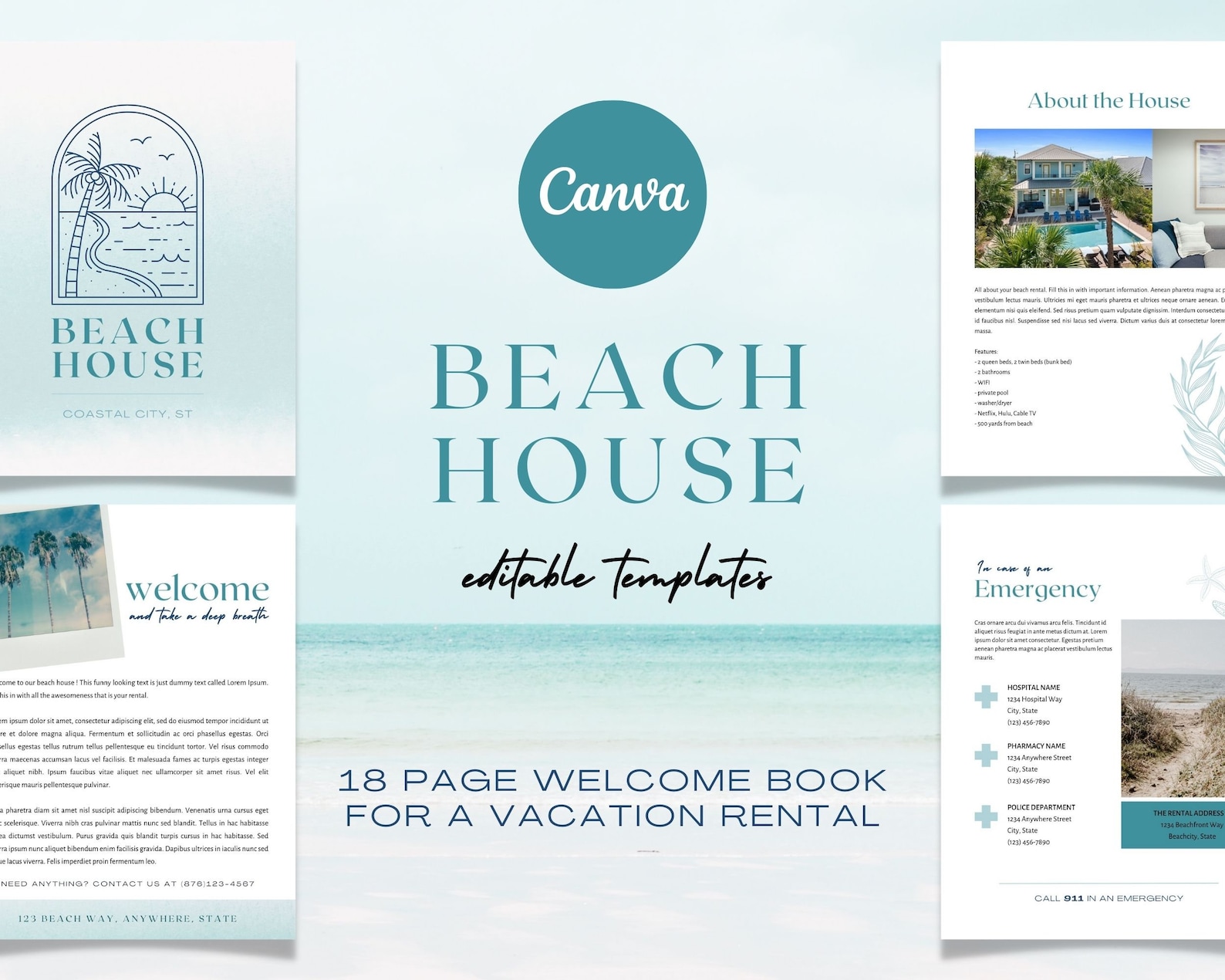 Beach House Welcome Book Template for Canva | Vacation Rental Info Book ...