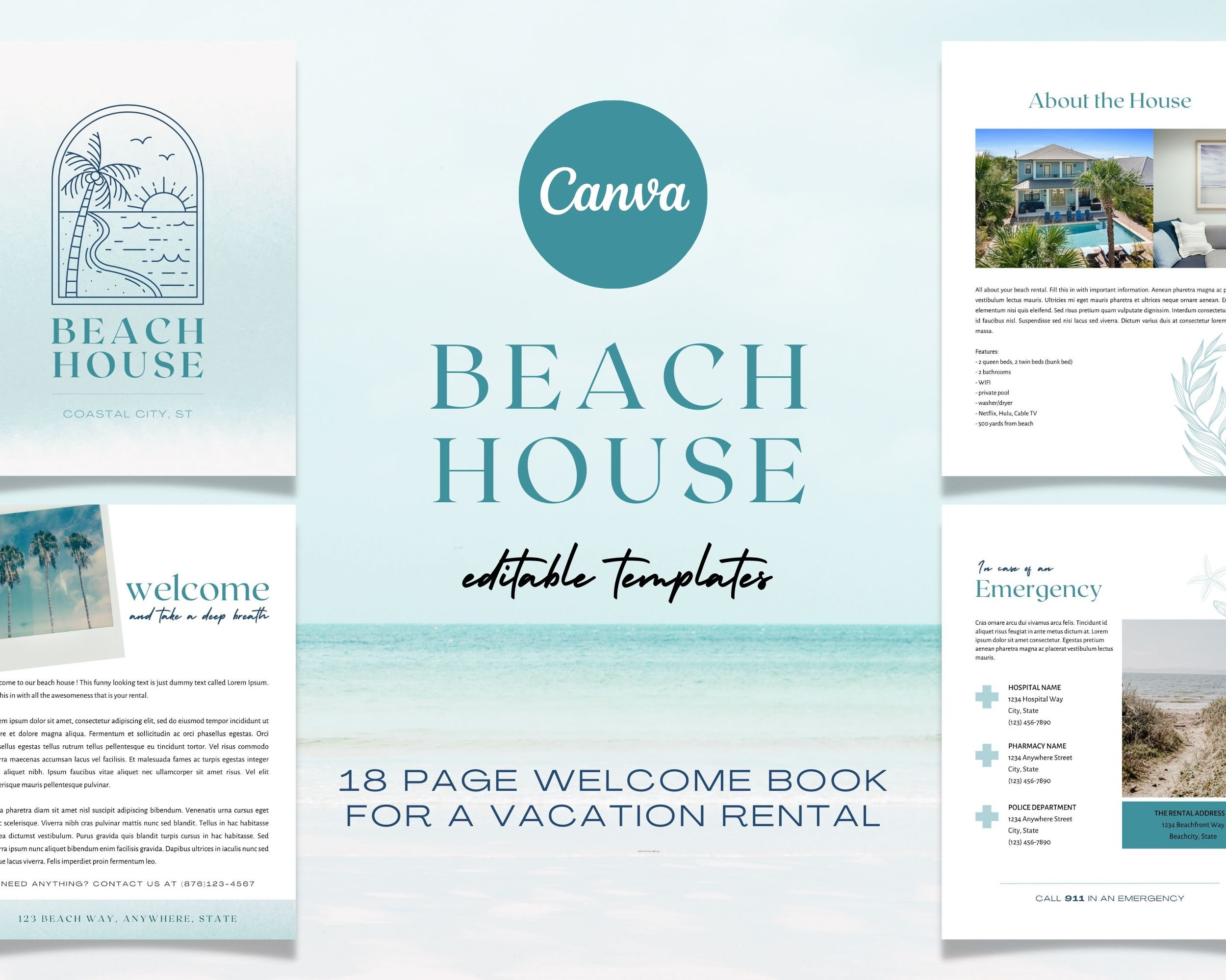 Beach House Welcome Book Template for Canva | Vacation Rental Info Book ...