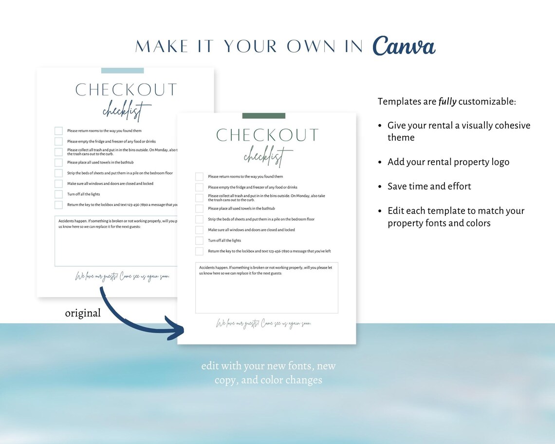 Beach Coastal Checkout Checklist | Canva Template for Vacation Rentals ...