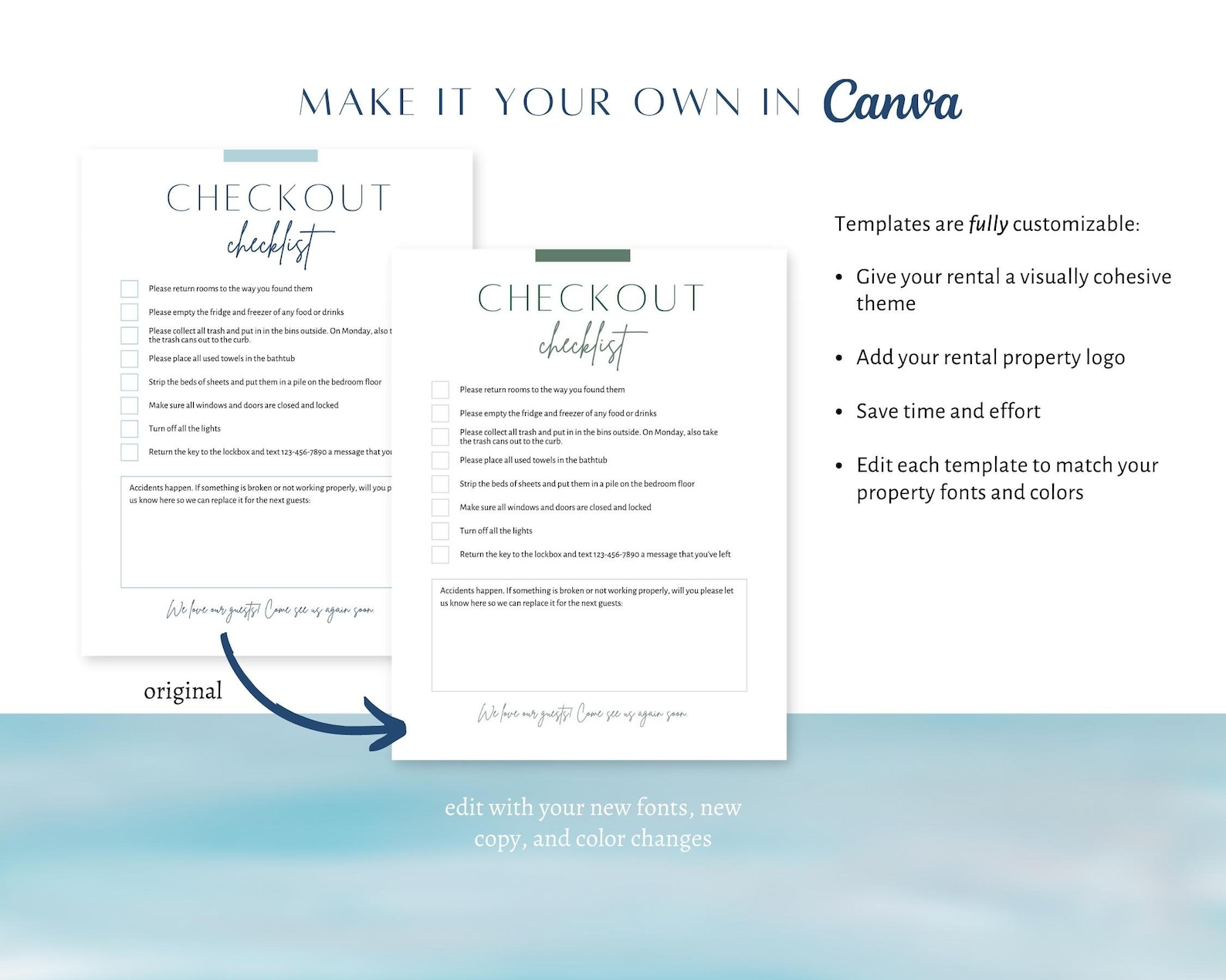Beach Coastal Checkout Checklist Canva Template for Vacation Rentals ...