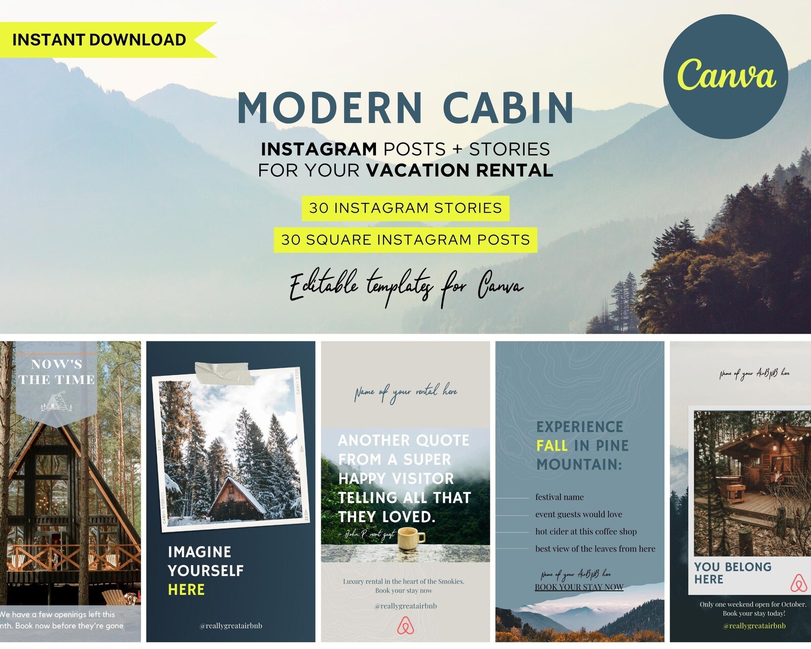 Modern Cabin Airbnb Social Media Template Bundle | Lake Vacation Rental ...