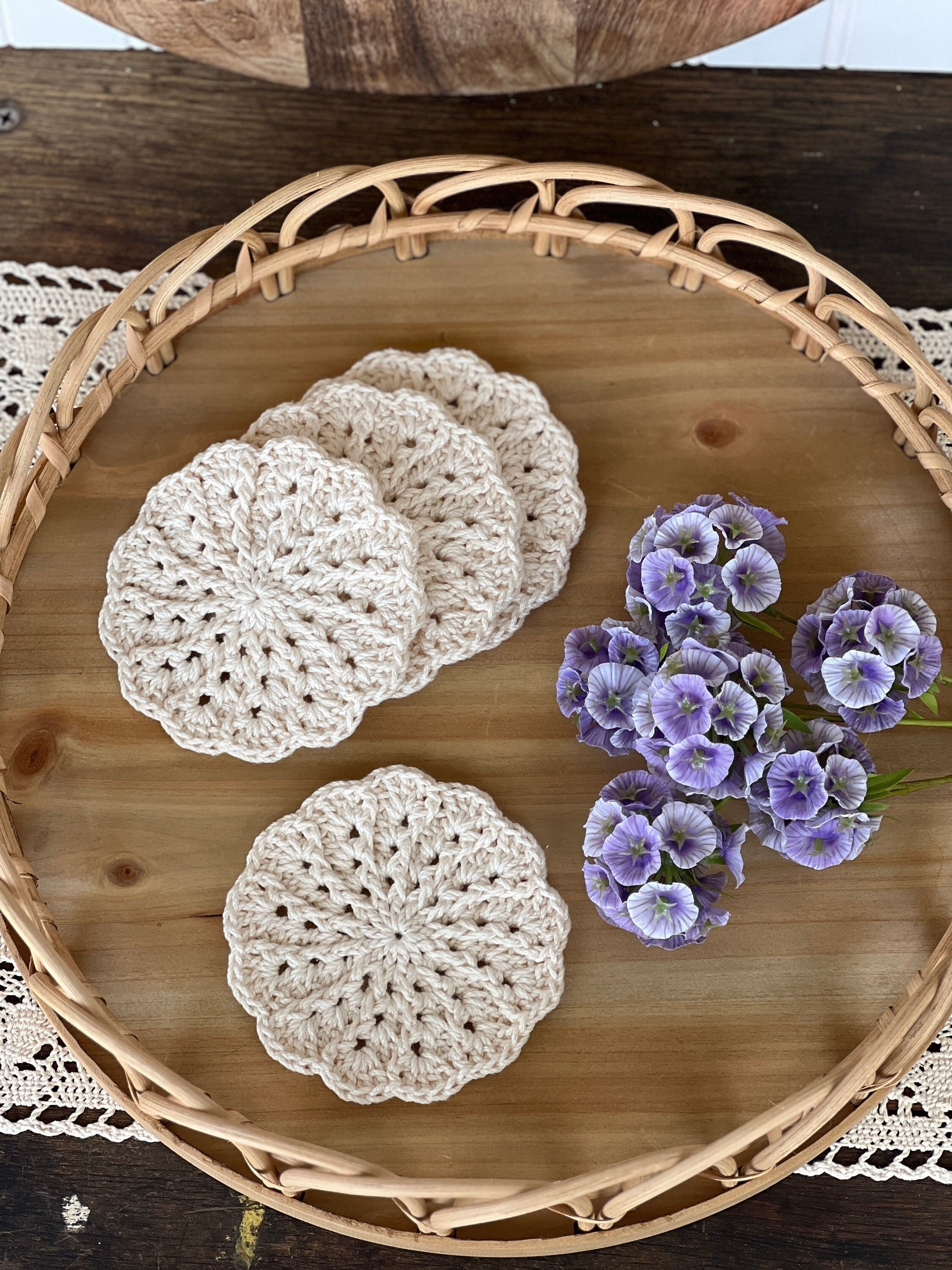Handmade Cotton Crochet Coasters Farmhouse Home Decor Set of 4 Coffee ...
